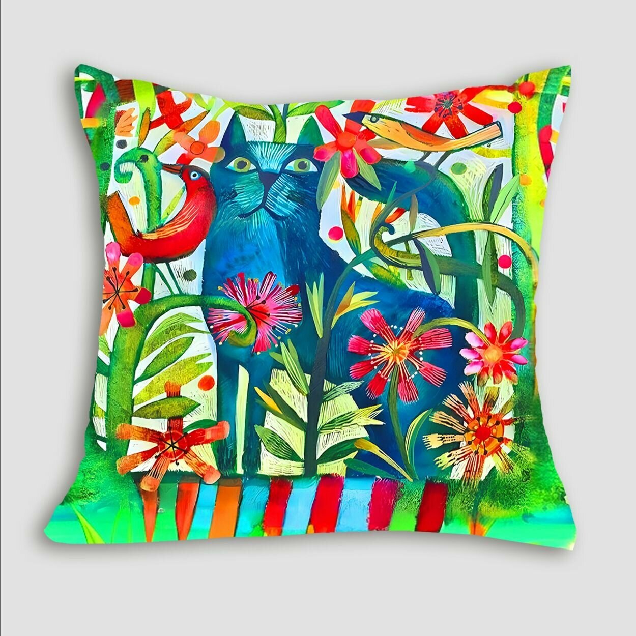 Подушка декоративная Синий кот в саду 40х40 велюр