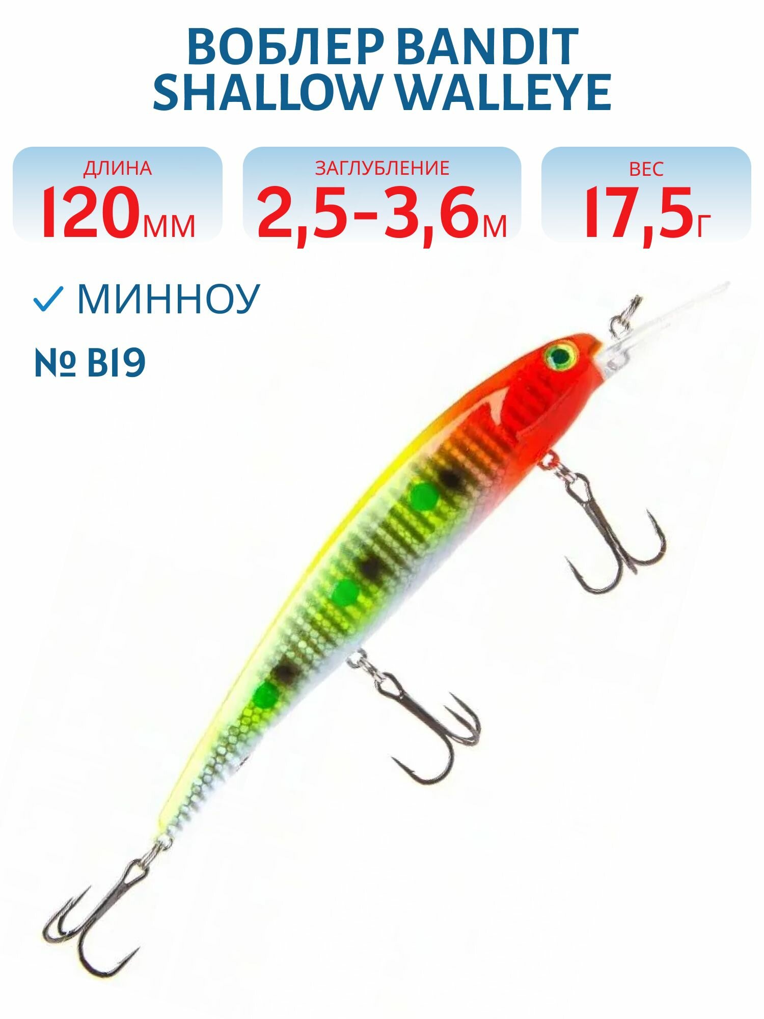 Воблер BANDIT SHALLOW WALLEYE, 120 мм, 17,5 гр, цвет B19