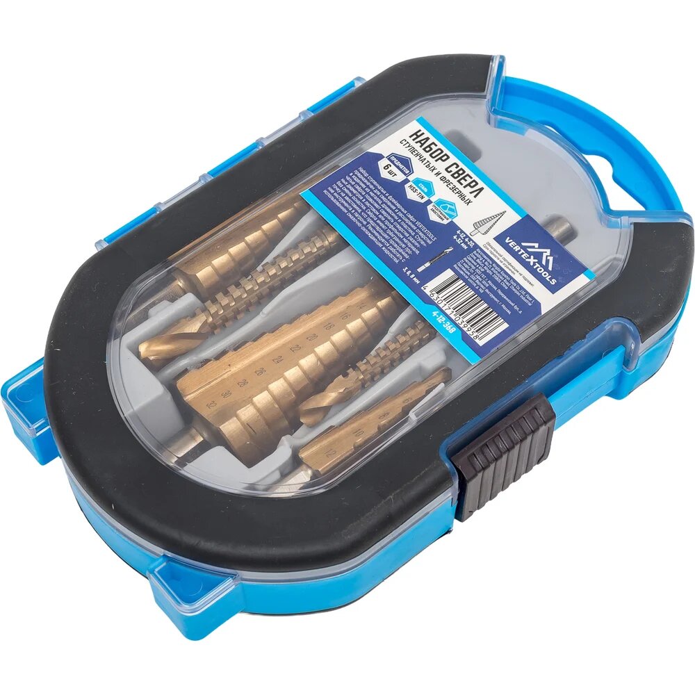 Набор сверл ступенчатых и фрезерных 4-12 мм, 4-20 мм, 4-32 мм, 3/6/8 мм vertextools 4-12-368, 118 г