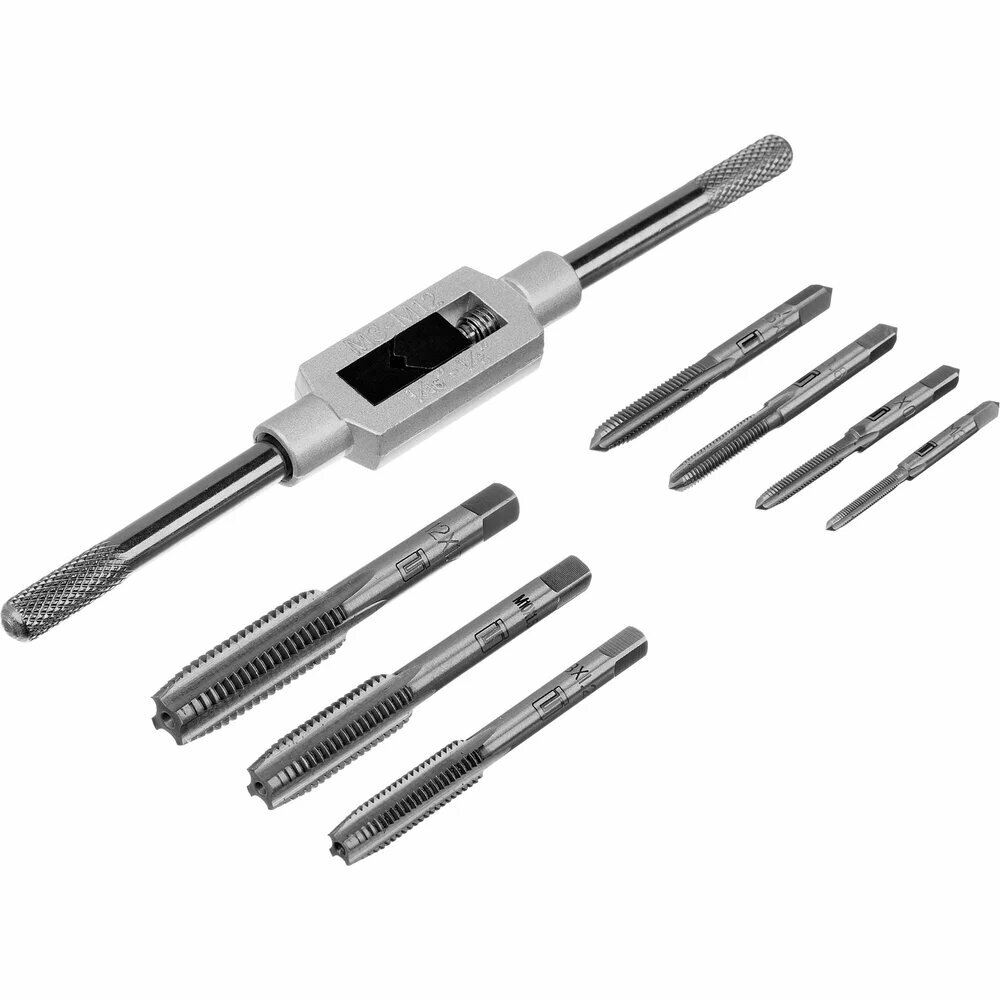 Набор метчиков СИБРТЕХ М3-М12, 8 предметов 77308, металл, с цветными металлами