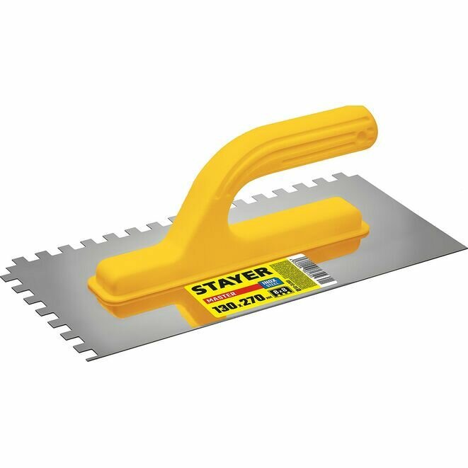 Гладилка штукатурная, нержавеющая, пластмассовая рукоятка, STAYER 130х270 мм, 8х8 мм