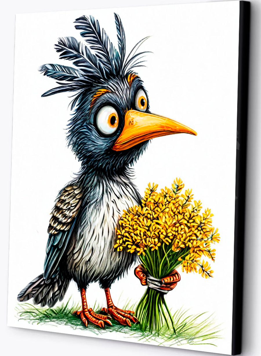 Картина на стену для интерьера "Грач с мимозой" 40х50 см, холст на подрамнике, InterHobby