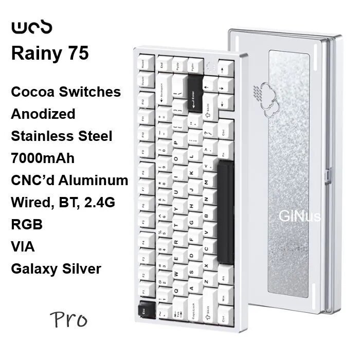 WOB Игровая клавиатура беспроводная Rainy75 Pro, GalaxySilver, RGB, CocoaSwitches, Anodized, Английская раскладка, светло-серый
