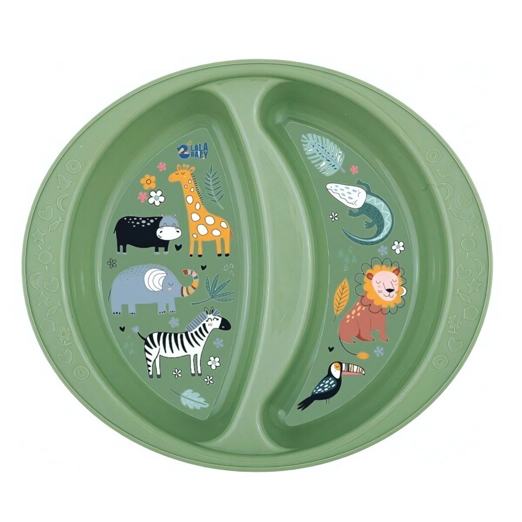 Детская тарелка двухсекционная "Learn Me", пластик, зеленый, с животными