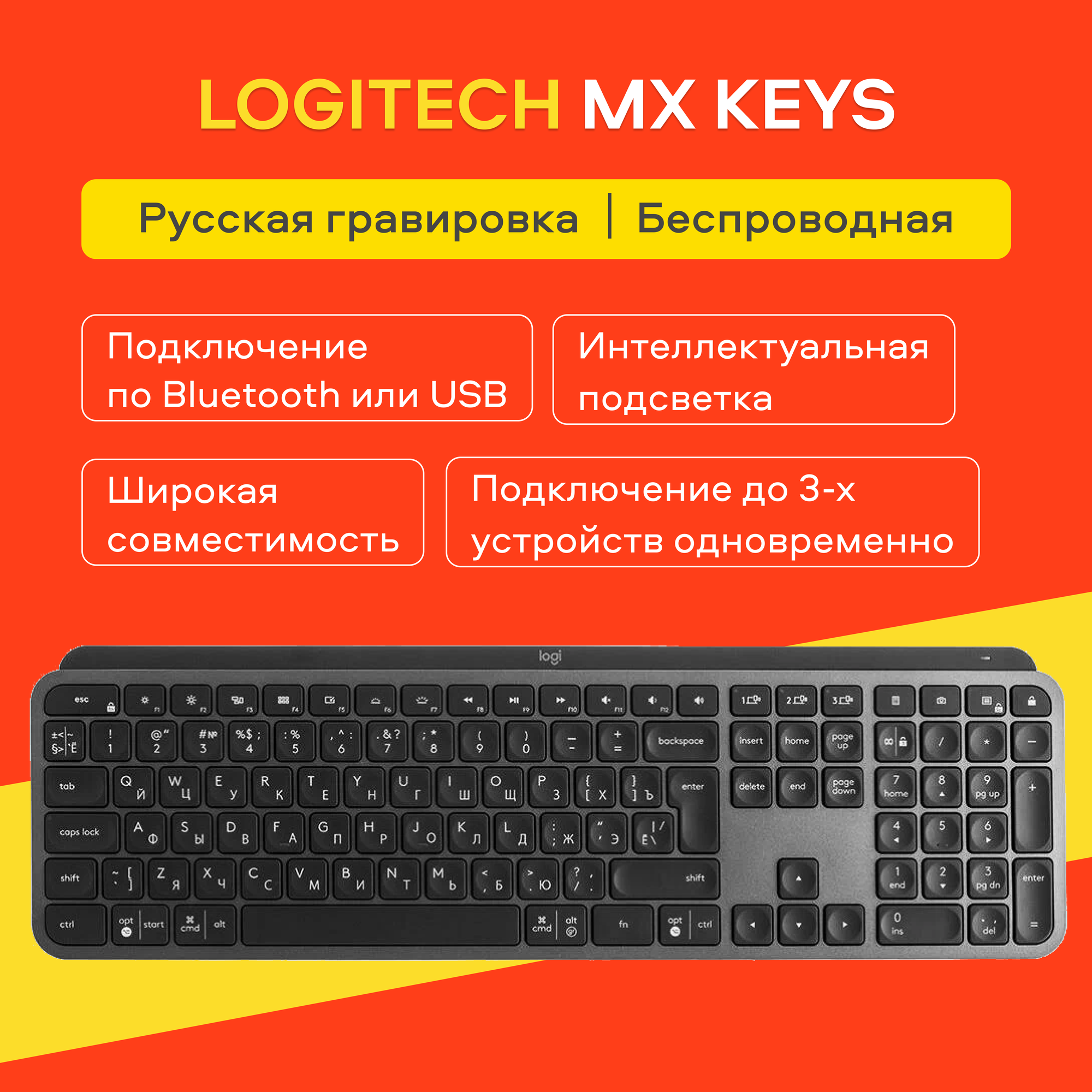 Игровая беспроводная клавиатура Logitech MX Keys графит, русская раскладка, черный