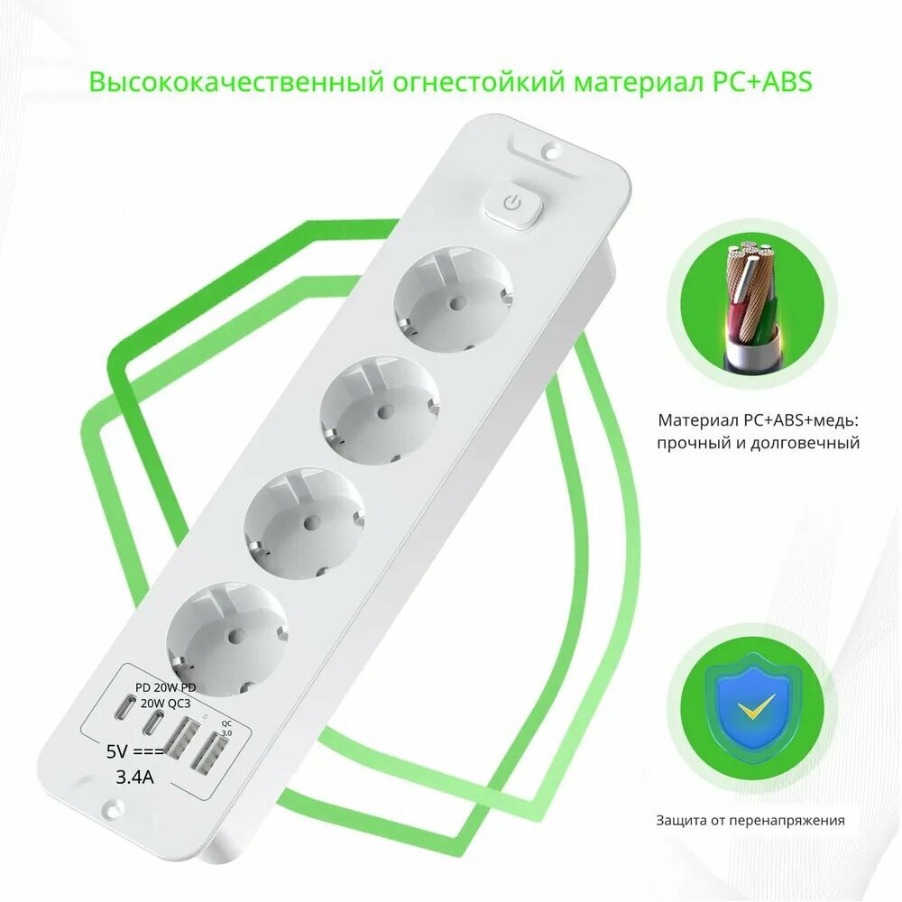 HITRENDS сетевой фильтр европейский стандарт с 4 отверстиями 2 USB + 2 Type-c кабель длиной 2 метра 1,5 квадратных дюйма белое