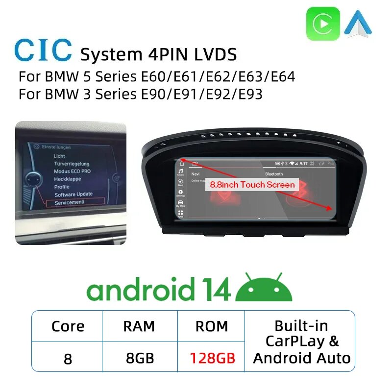 Новый беспроводной экран CarPlay Android 14, для BMW E60 E61 E62 E63 E90 E91 E92 2005-2012, автомобильный мультимедийный плеер, GPS-радио, навигация 8G128 CIC