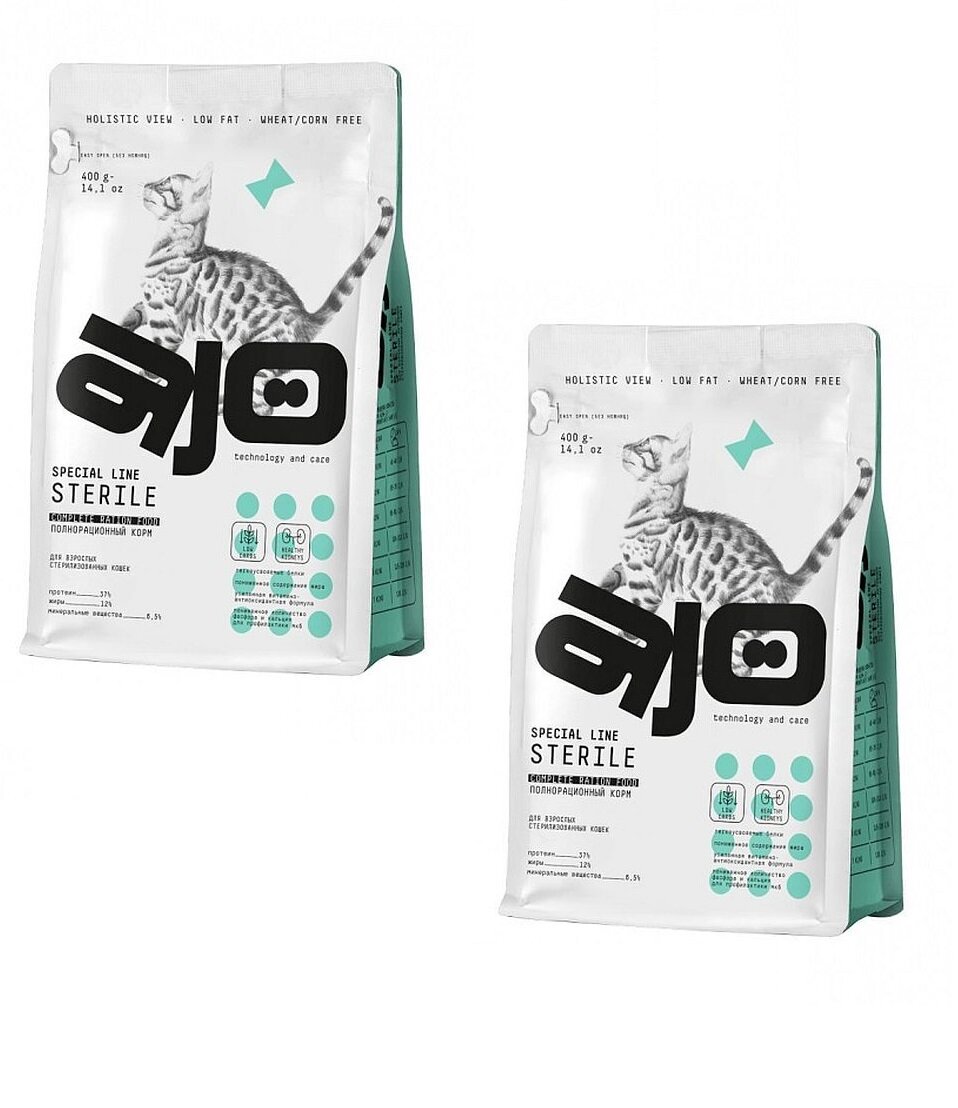 Сухой полнорационный корм AJO Cat Sterile для активных стерилизованных кошек с высоким содержанием белка, 400г 2шт