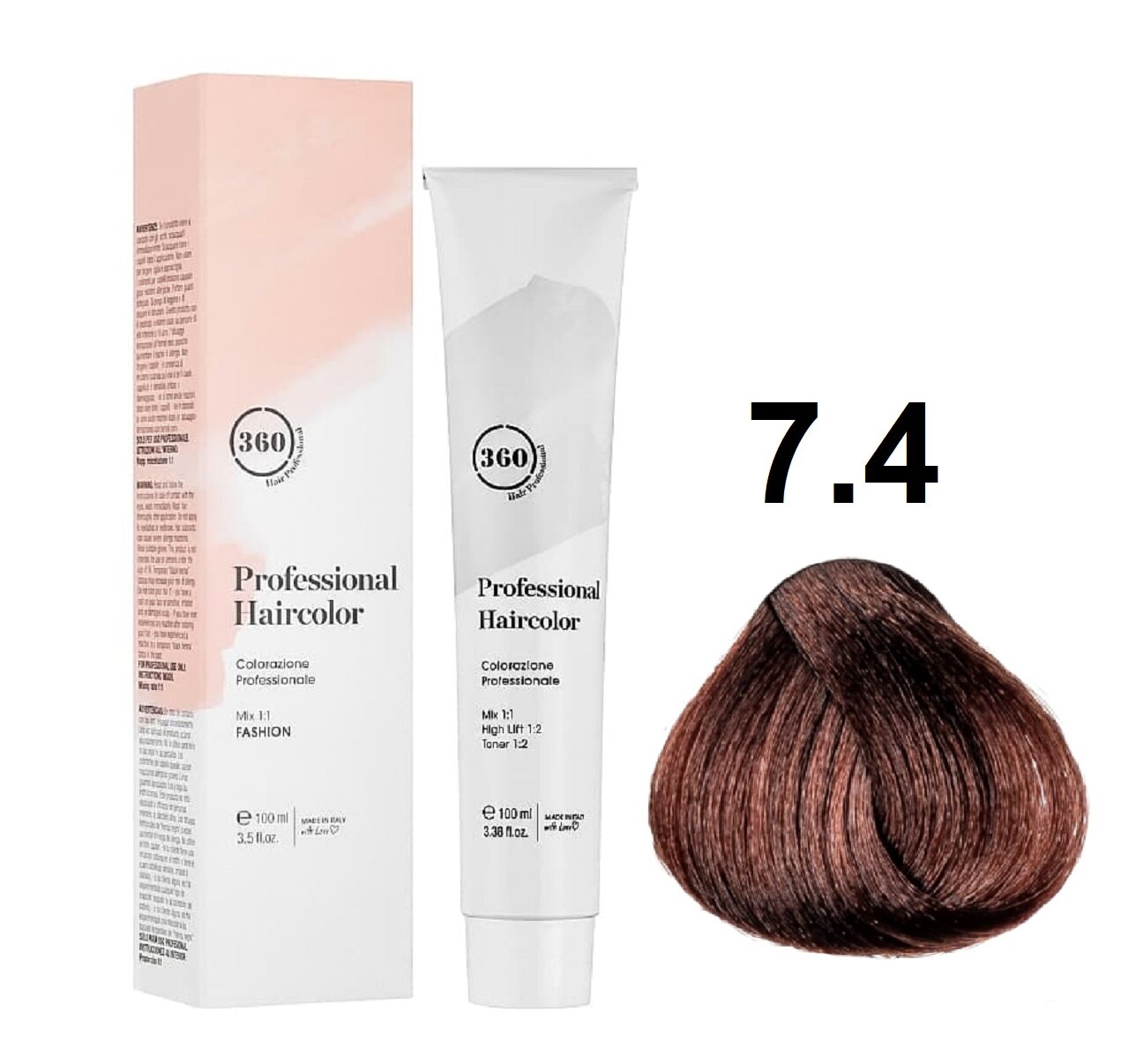 Перманентная краска для волос профессиональная 360 Hair Professional HAIRCOLOR 100ML , 7.4 медный блондин