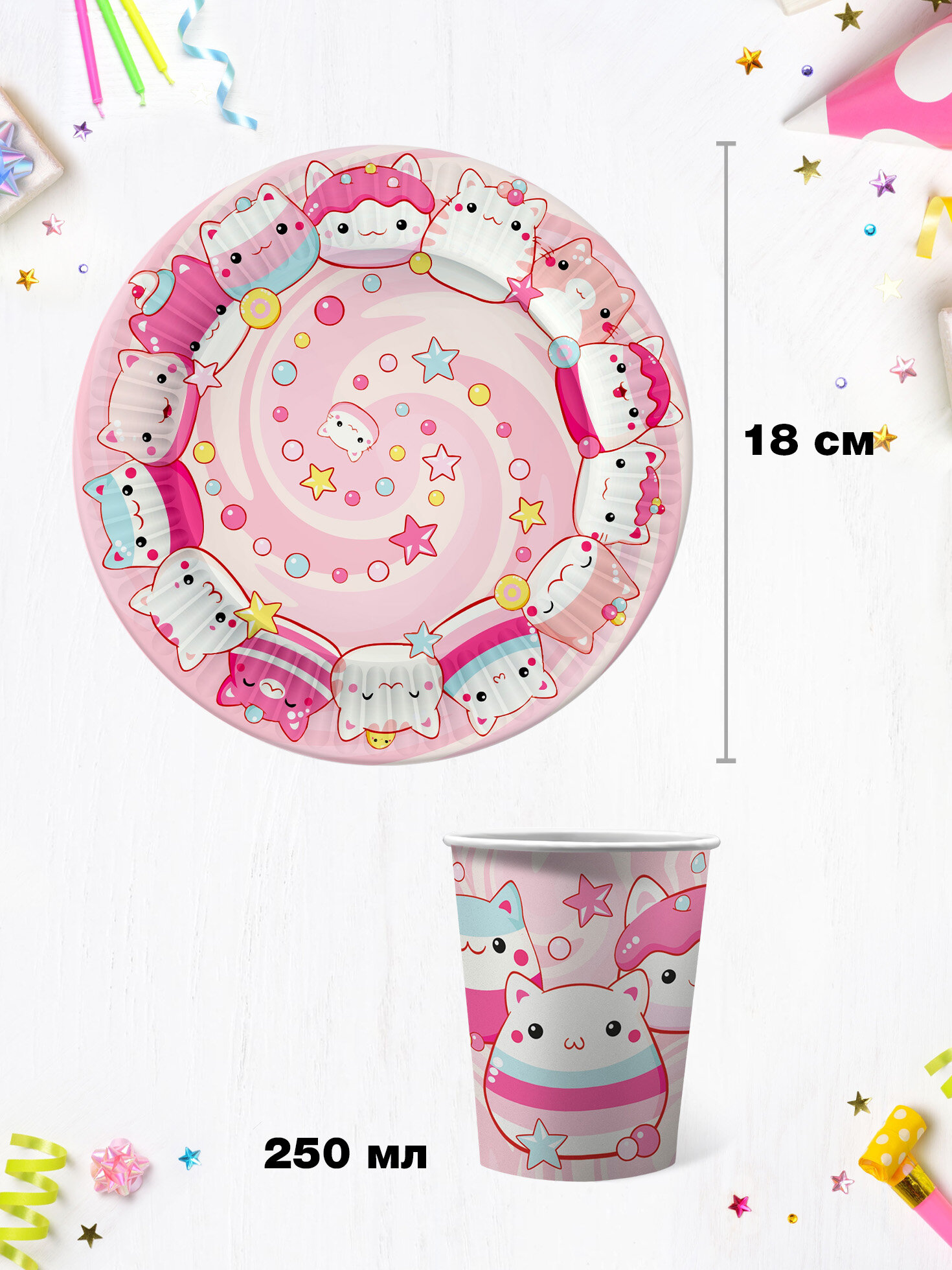 Набор бумажной одноразовой посуды для праздника ND Play / Котики-моти (тарелка 18 см, стакан по 18 шт.)