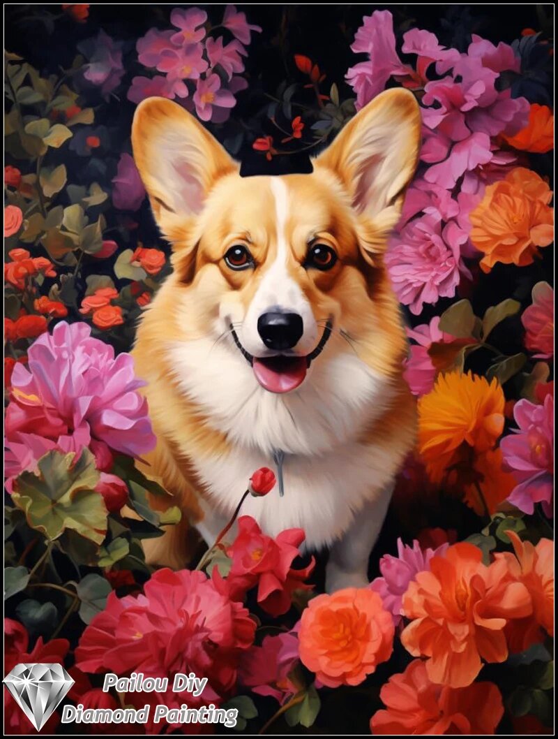 Картина из алмазной мозаики на подрамнике Круглые бриллианты 40х50см "Корги"