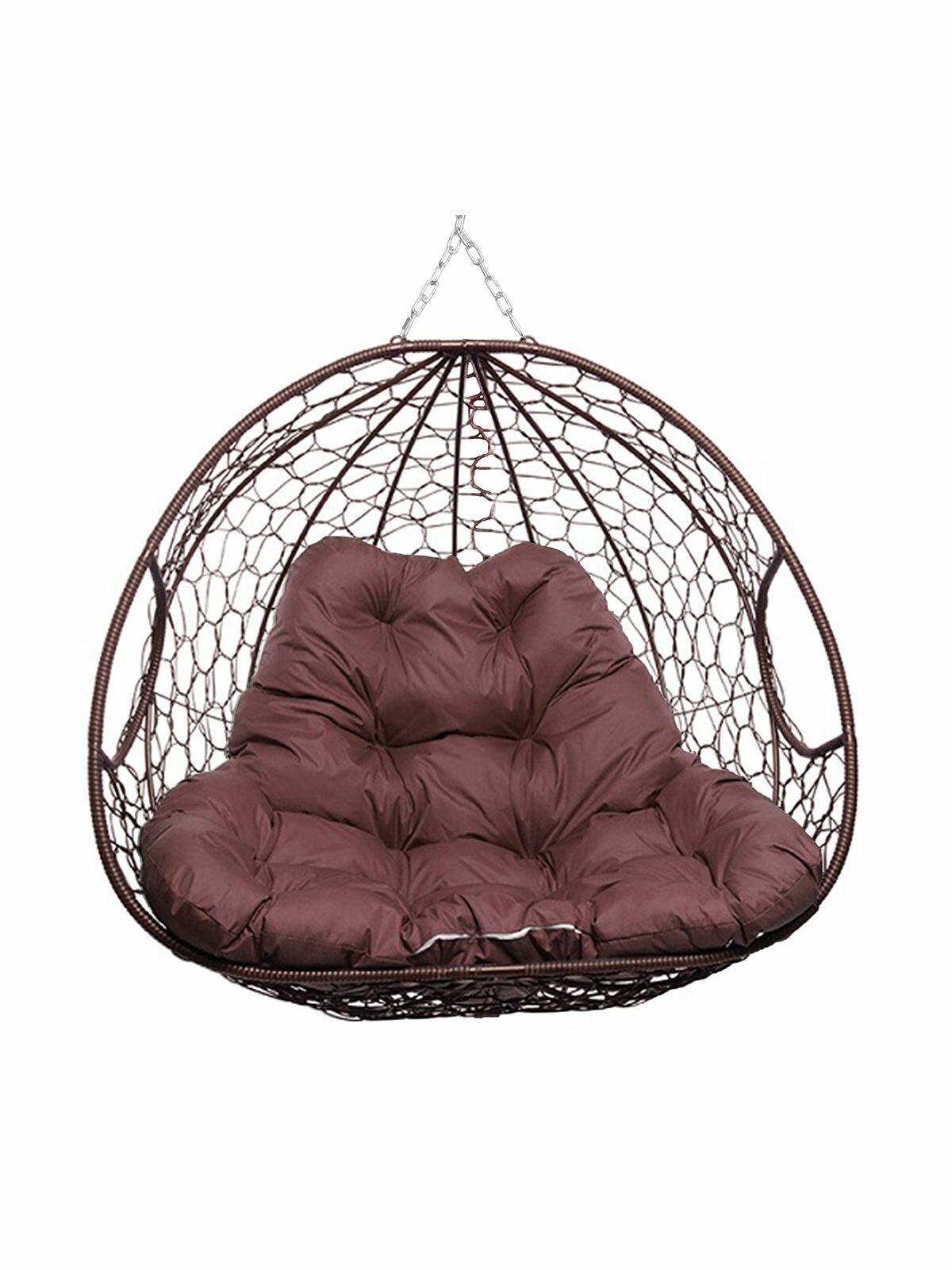 Подвесное кресло для двоих (без стойки), с ротангом коричневое, бордовая подушка