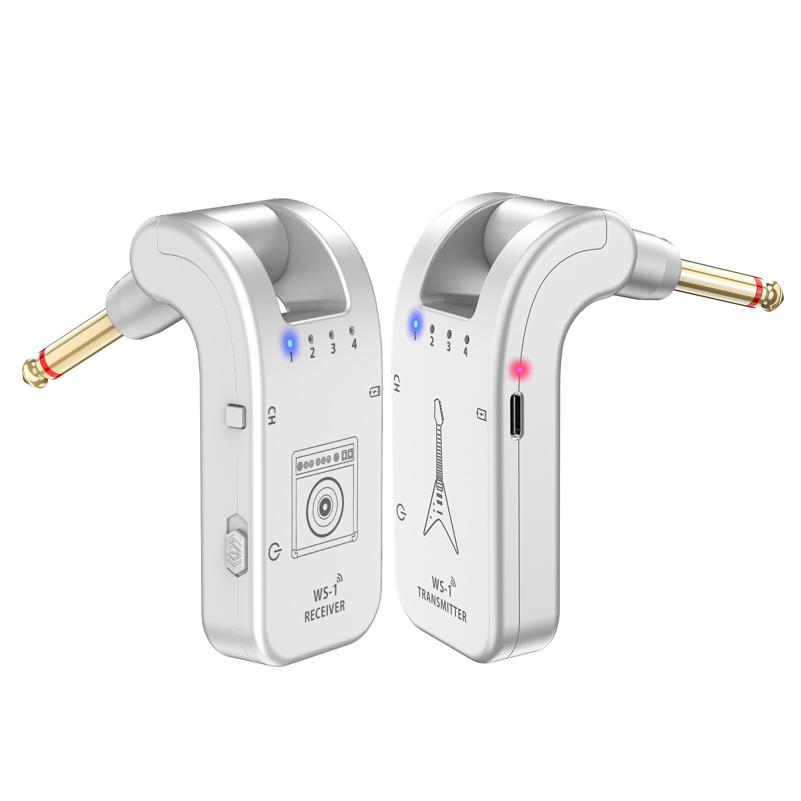 Система беспроводного гитары WS-1 2.4GHz, передатчик и приемник аудиосигнала, заряжаемые, 4 канала, передача 30м, поворотная голова 282º, автономность 5ч, для электрогитары, баса, скрипки, черный/серебристый, пластик+ABS, батарея 3.7V/650mAh, 48K/24bit,