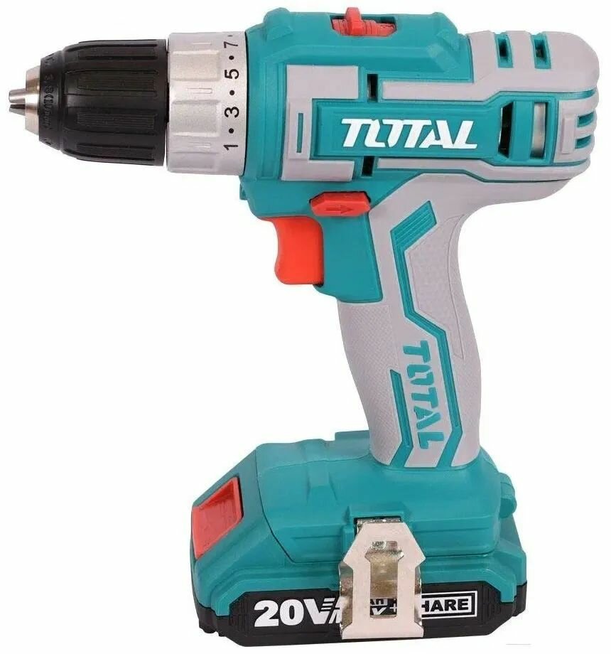 Дрель-Шуруповерт TOTAL TDLI200215, 2 аккумулятора, Li-Ion, 20В, быстрозажимной патрон, кейс