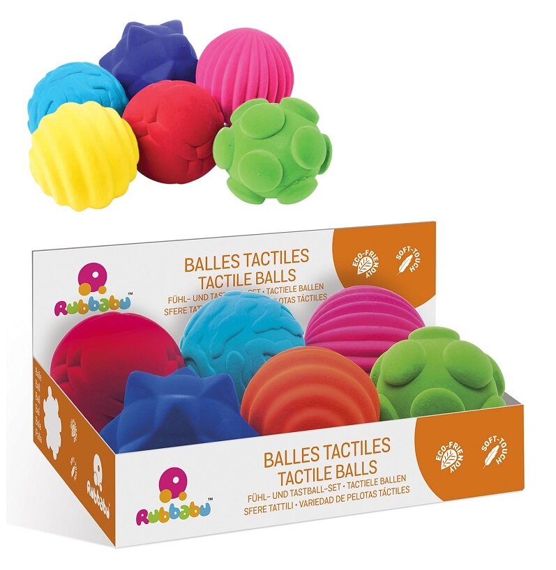 Rubbabu. Набор мячей 6 штук, из каучука, тактильные, развивающие, яркие, в ассортименте