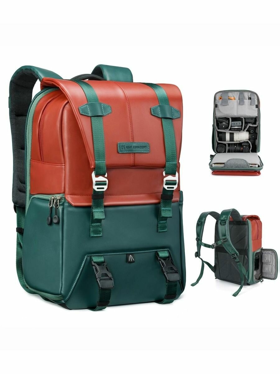 Вместительная фотосумка, рюкзак для фототехники 20 л зелено-оранжевая K&F Concept (KF13.087AV8)