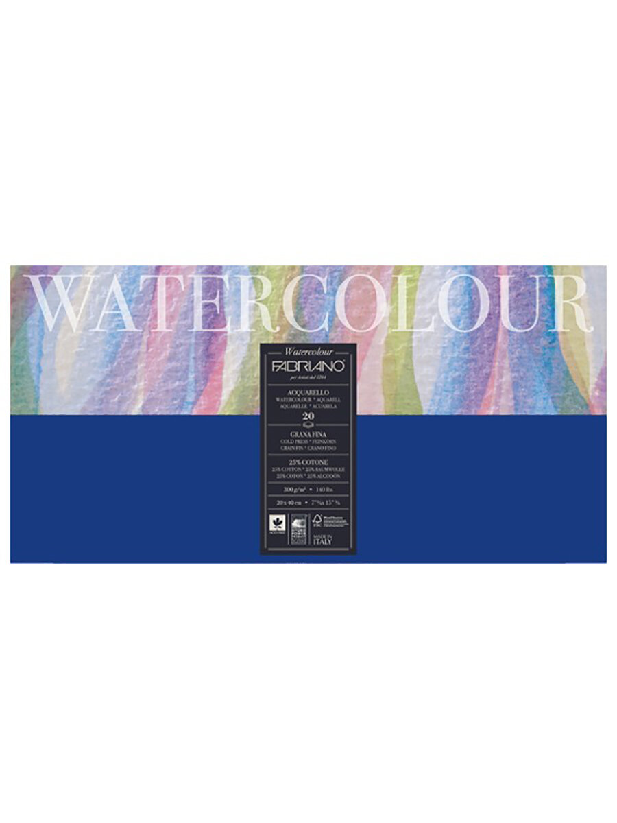 FABRIANO альбом для акварели Watercolour 300 г/м2, 20 листов 20 х 40 см, склейка с четырех сторон, 73612040