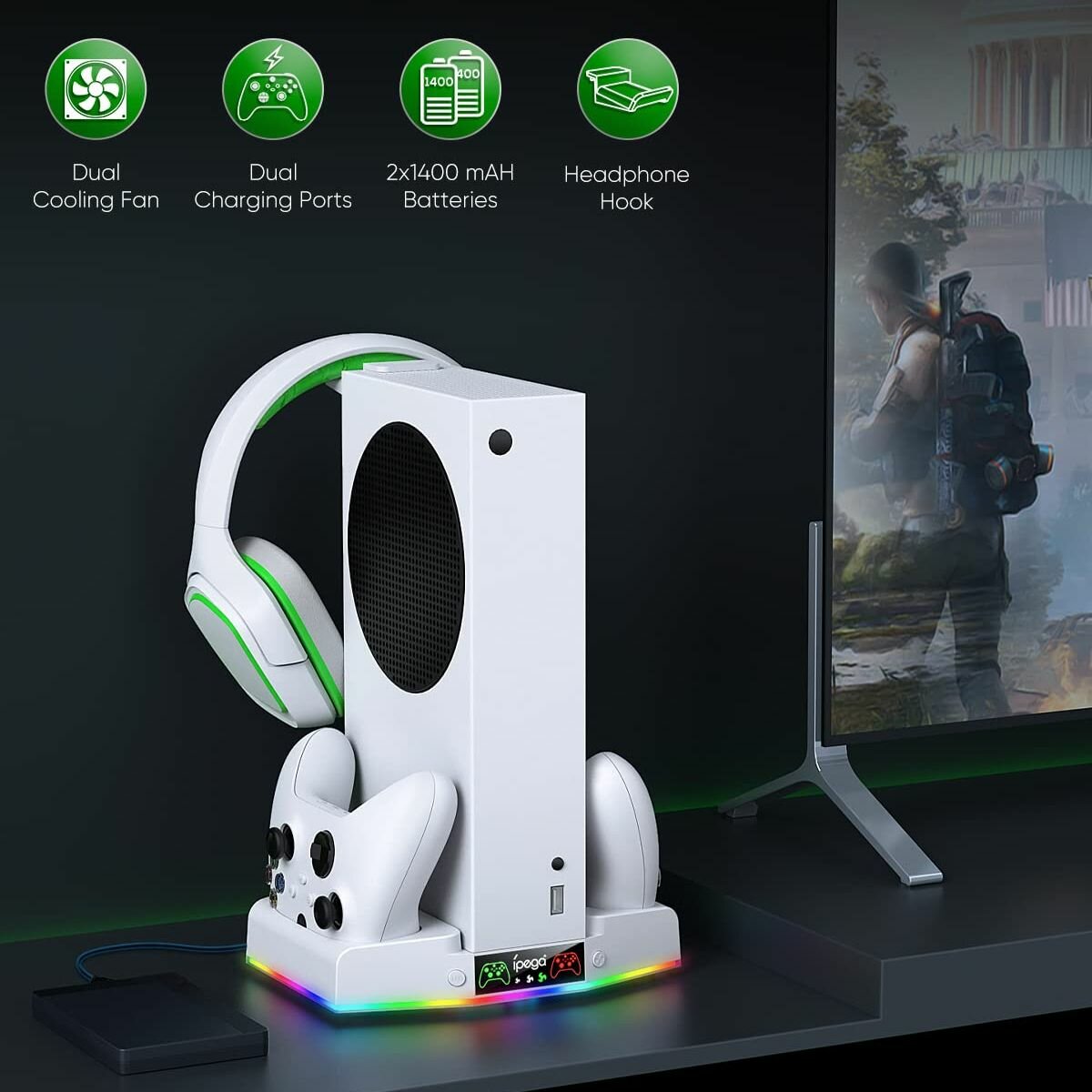 Охлаждающая Подставка и Зарядная Станция для Xbox Series S с RGB-Подсветкой: Двойная Зарядка Контроллеров, Вентилятор и Аккумуляторы 1400mAh
