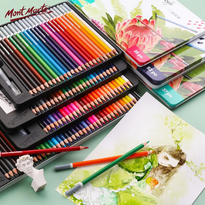 Mont Marte 48-Color Colored Pencils, Water-Soluble Colored Pencils, Art Pencils, Drawing Pencil Set, Hand-Drawn Coloring, Student Drawing Pencils, Tin Box Packaging, MPN0153, Art Sketching