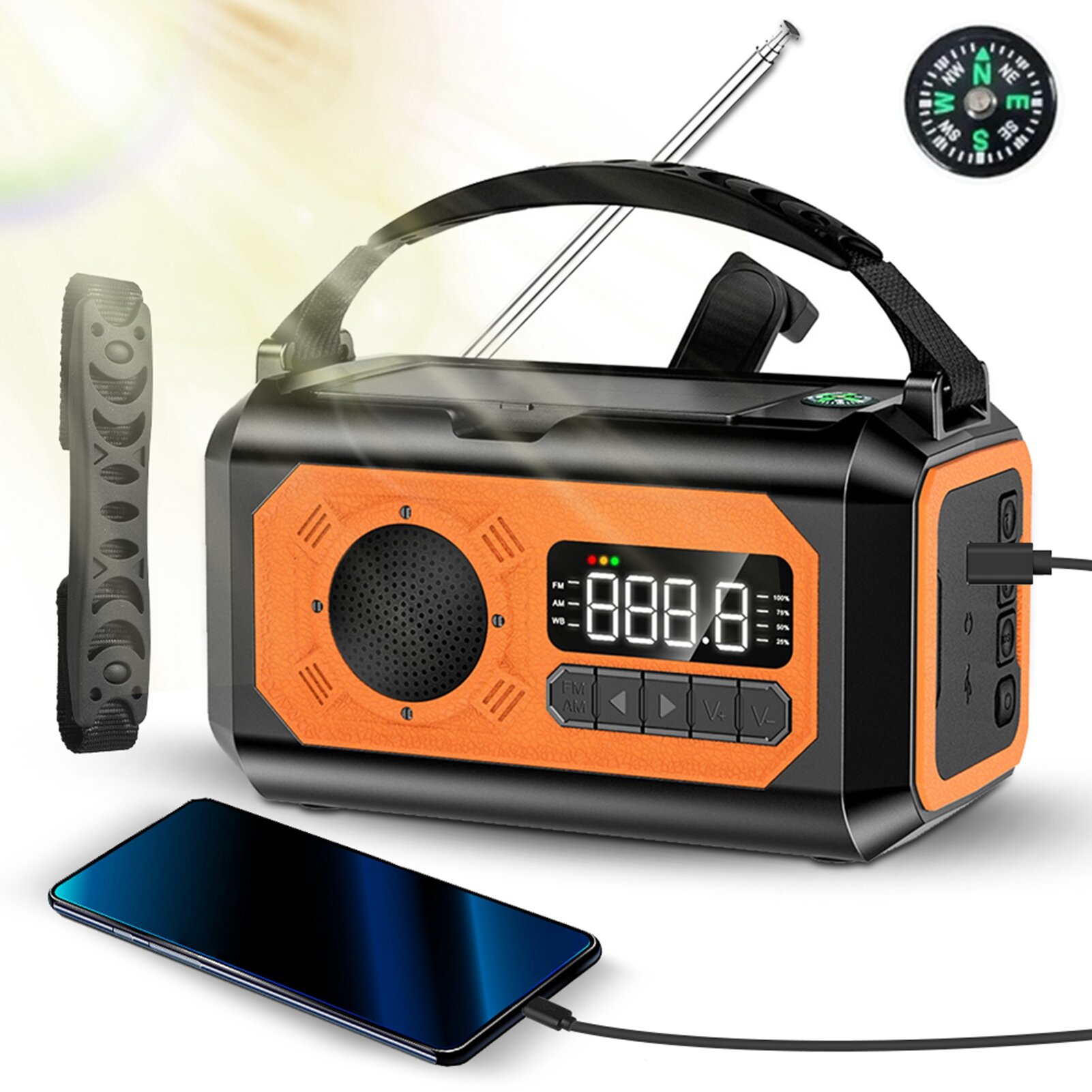 Emergency Crank Weather Radio with NOAA Alert 12000mAh Solar Hand Portable AM/FM/WB 3 Modes Flashlight / Reading Lamp Cell Phone Charger SOS Headphone Jack Compass for Home Camping and