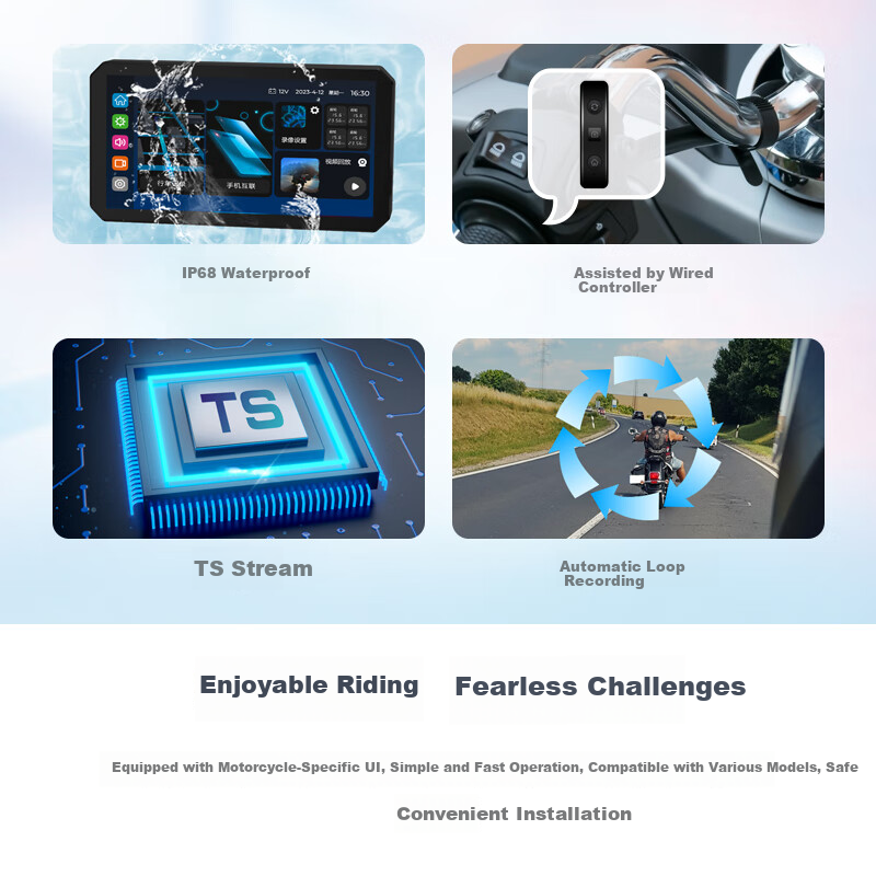 Challenger M2S-204 Motorcycle Dash Cam Smart Carplay Navigation System with Millimeter Wave Radar Blind Spot Warning Horizontal and Vertical Screen Rotation Phone Projection