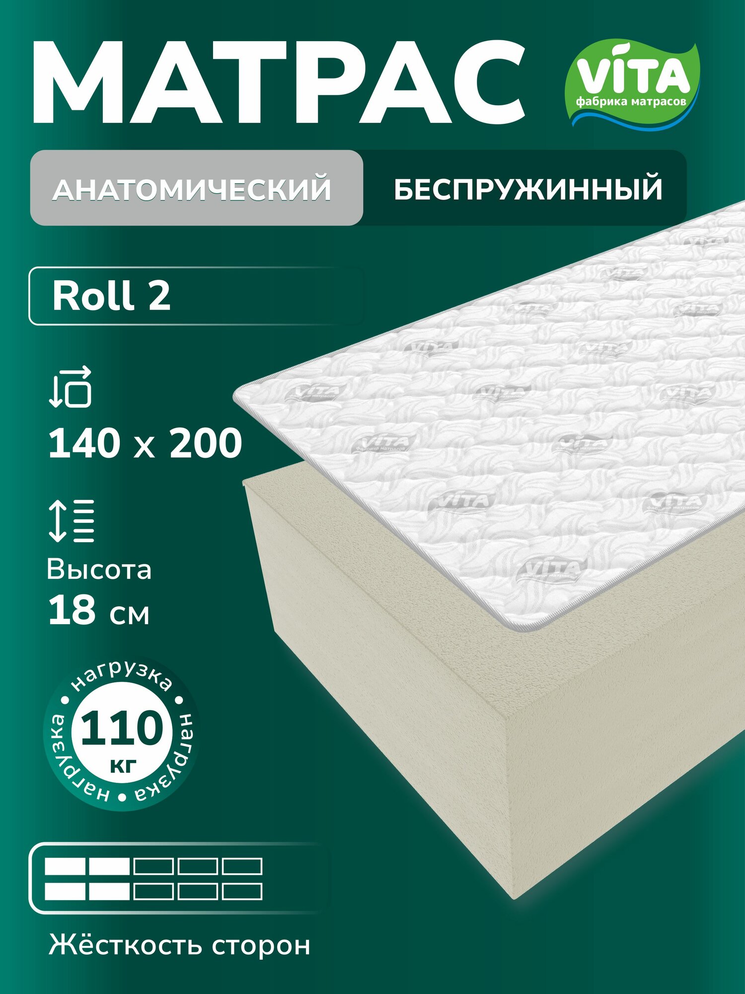 Матрас VITA Roll 2 (150х200), анатомический, беспружинный, мягкий