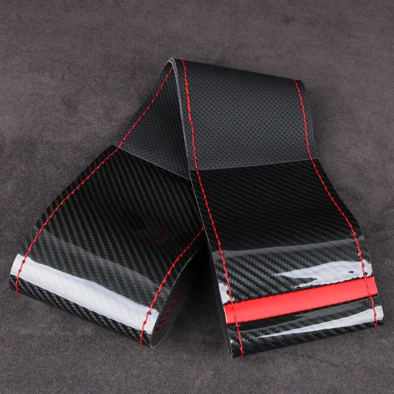 Новинка 2025 года, чехол на руль автомобиля из углеродного волокна, сшитый Black Red Thread 01