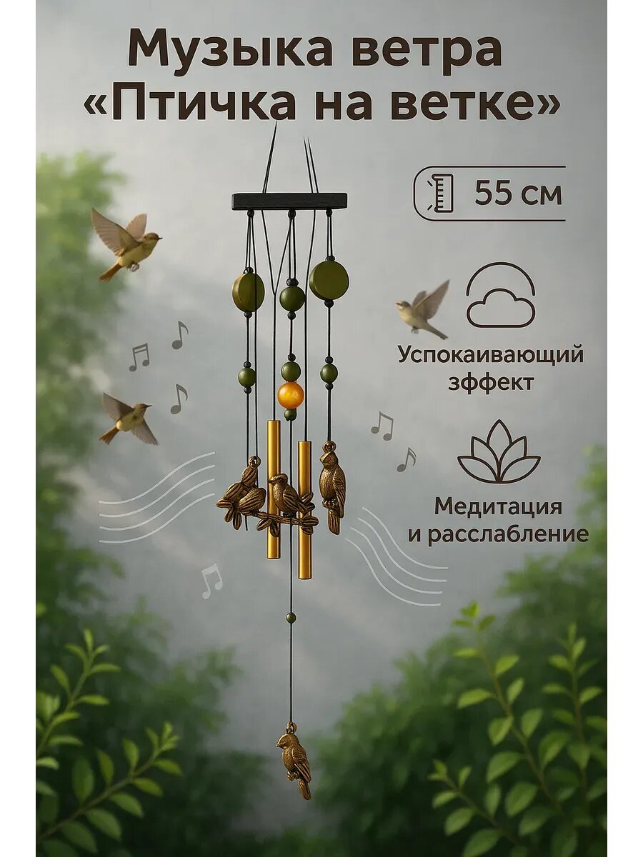 Музыка ветра "Птица на ветке с цветком" 4 трубки 55х9,5см