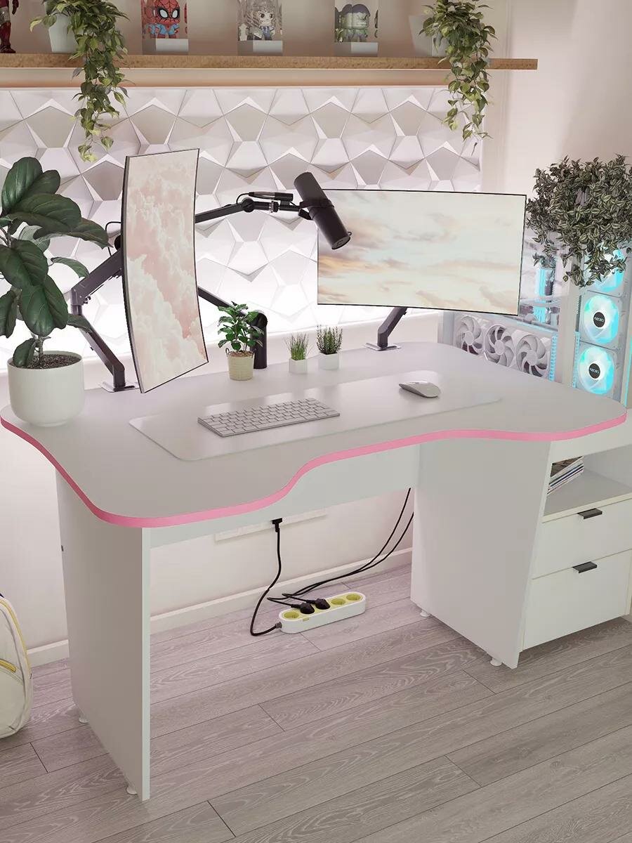 Компьютерный письменный стол, для школьника, для геймеров, Бело-розовый