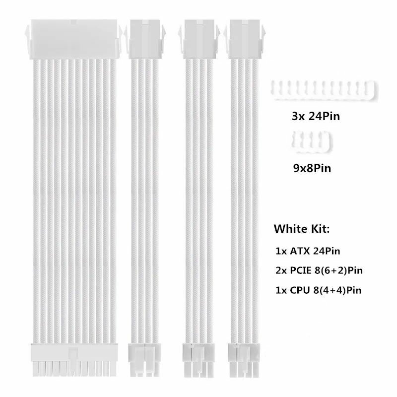 Комплект удлинительных кабелей для блока питания, белый, фиолетовый, черный, зеленый, материнская плата ATX 24-контактный, PCIE 8-контактный, графический процессор 6+2-контактный, процессор 8-контактный, 4+4-контактный, с бесплатным гребнем для кабелей