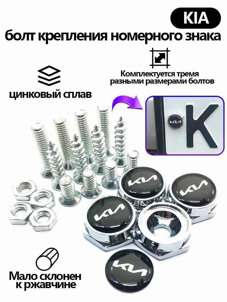 Комплект болтов крепления номерного знака с логотипом Kia. 4 шт.