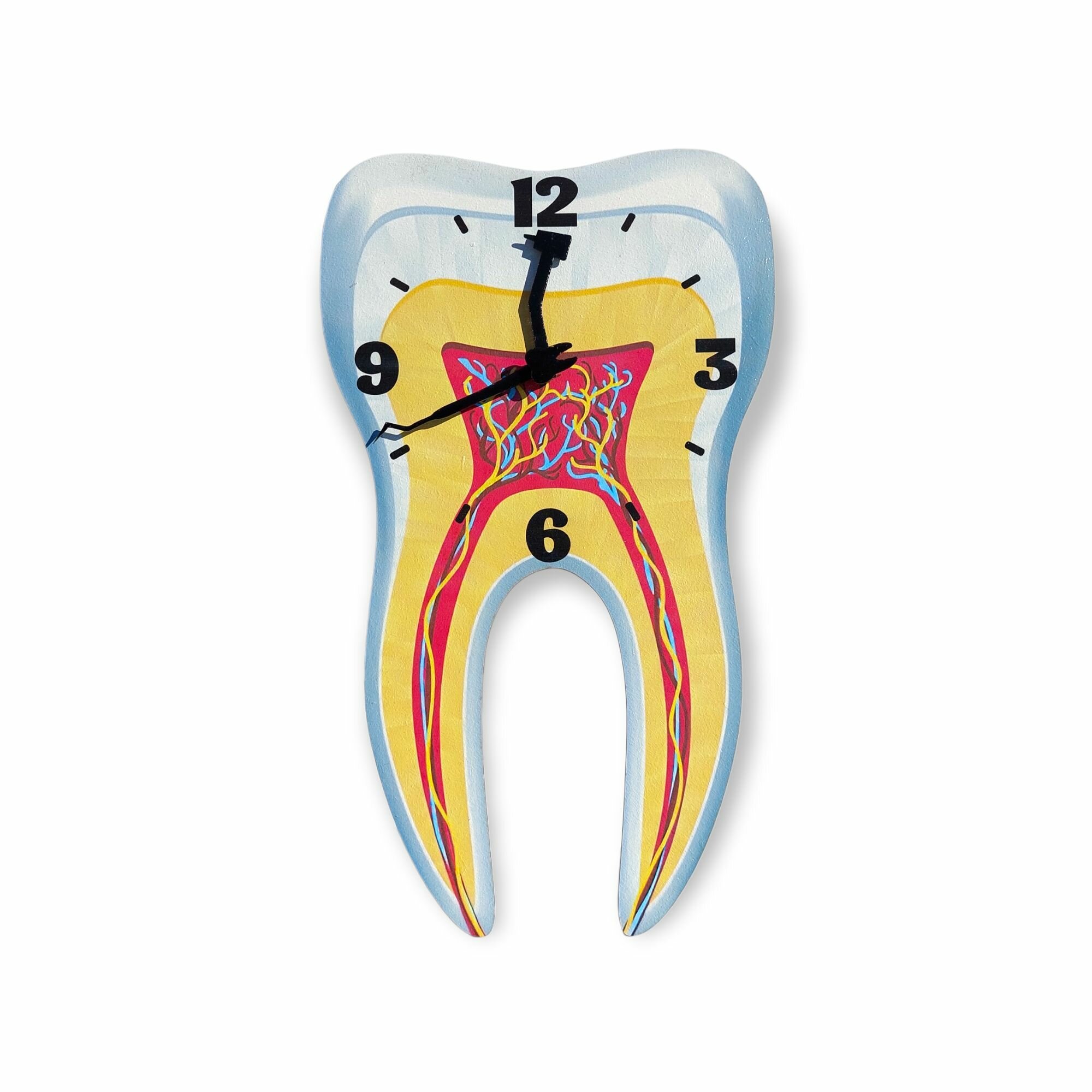 Настенные деревянные часы ЗУБ с фигурными стрелками / Подарок стоматологу