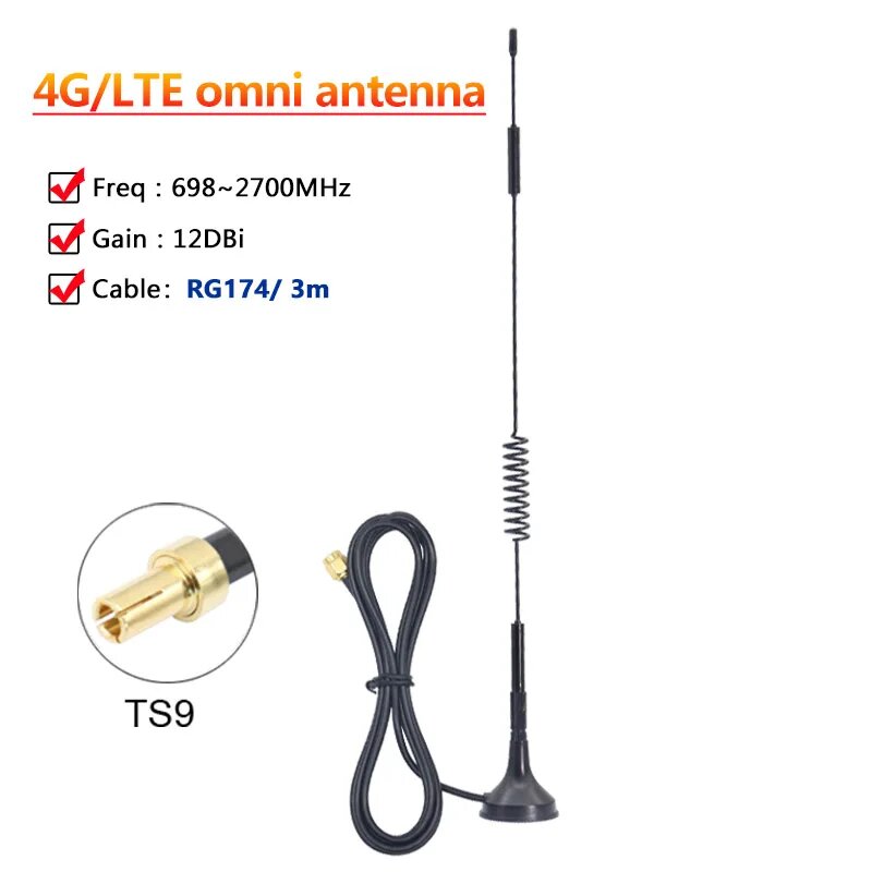 DIXSG 4G LTE Антенна 31см 12dbi TS9 SMA, TS9 and 3m Cable