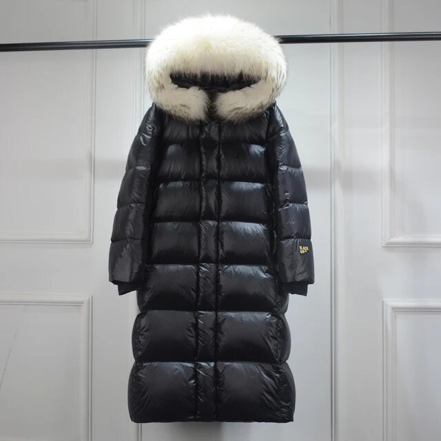 MOOCIE Длинная женская стеганая куртка Janveny из натурального меха енота с капюшоном, свободная, на 90% из утиного пуха, зимняя верхняя одежда