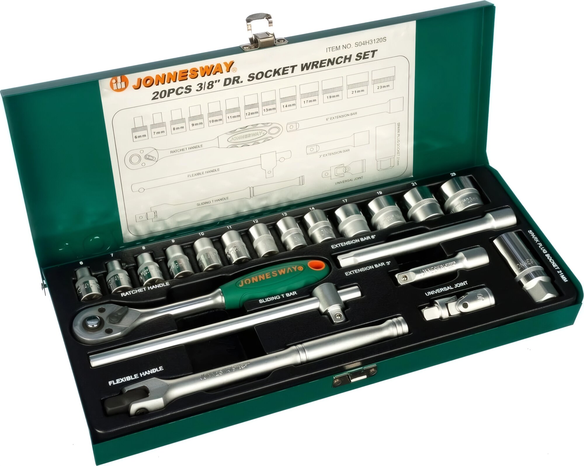 Набор головок торцевых 3/8"DR 6-23 мм, с аксессуарами, 20 предметов Jonnesway S04H3120S
