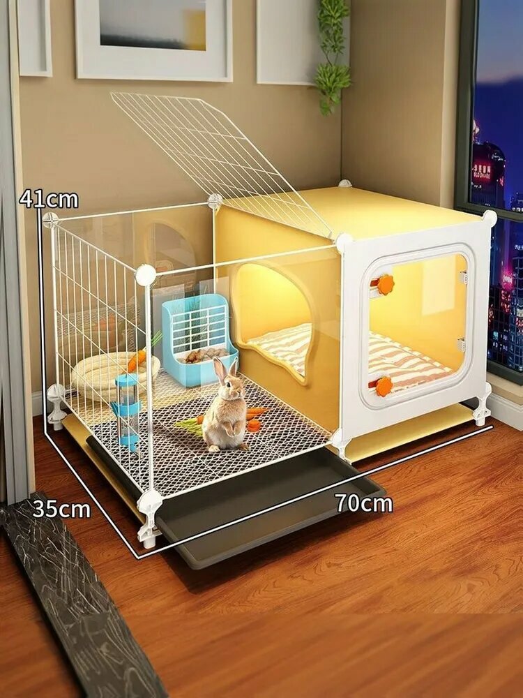 Клетка, для кроликов, пластик, сетка, прозрачная, светло-желтая, 70x35x41 см