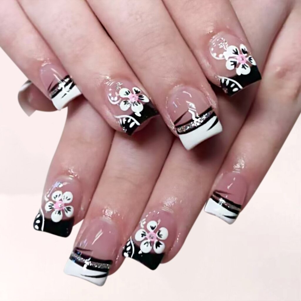 Ранняя осень черно-белая французская полосатая блестящая пудра черно-белые цветы короткие глянцевые квадратные доспехи 24 штуки