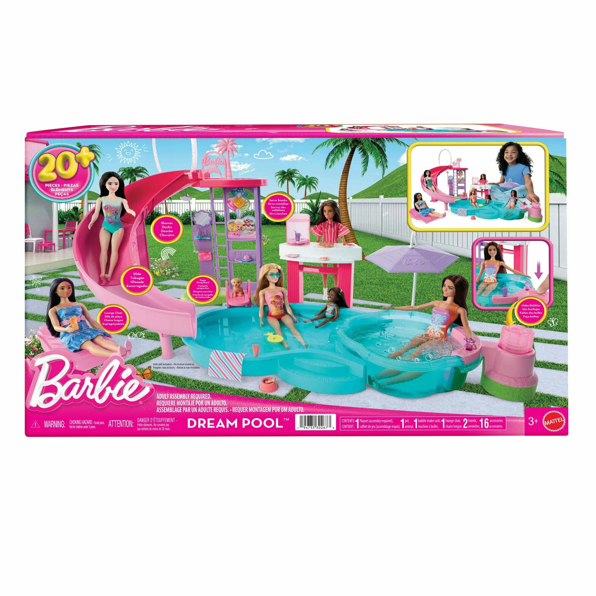Кукольный домик для Barbie - Бассейн с горкой, джакузи + аксессуары - Барби JFP01