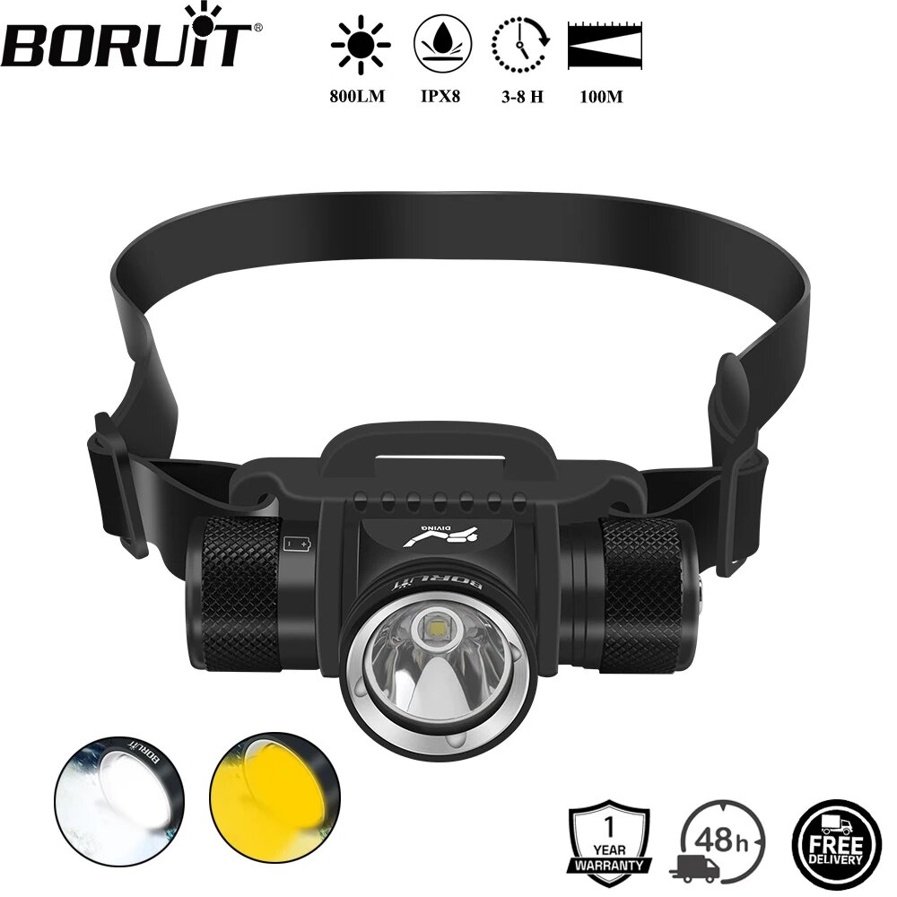 BORUiT HP900 Налобный фонарь для дайвинга No Battery, Yellow Light