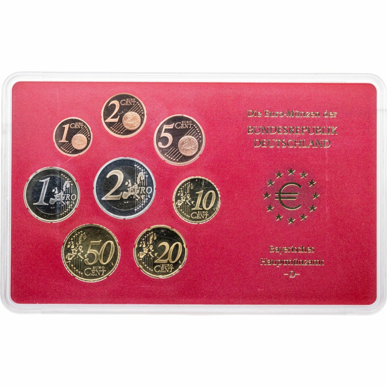 Германия, набор евро из 8-ми монет 2003, монетный двор D, в официальном пластике, Различные сплавы, в сохранности Proof