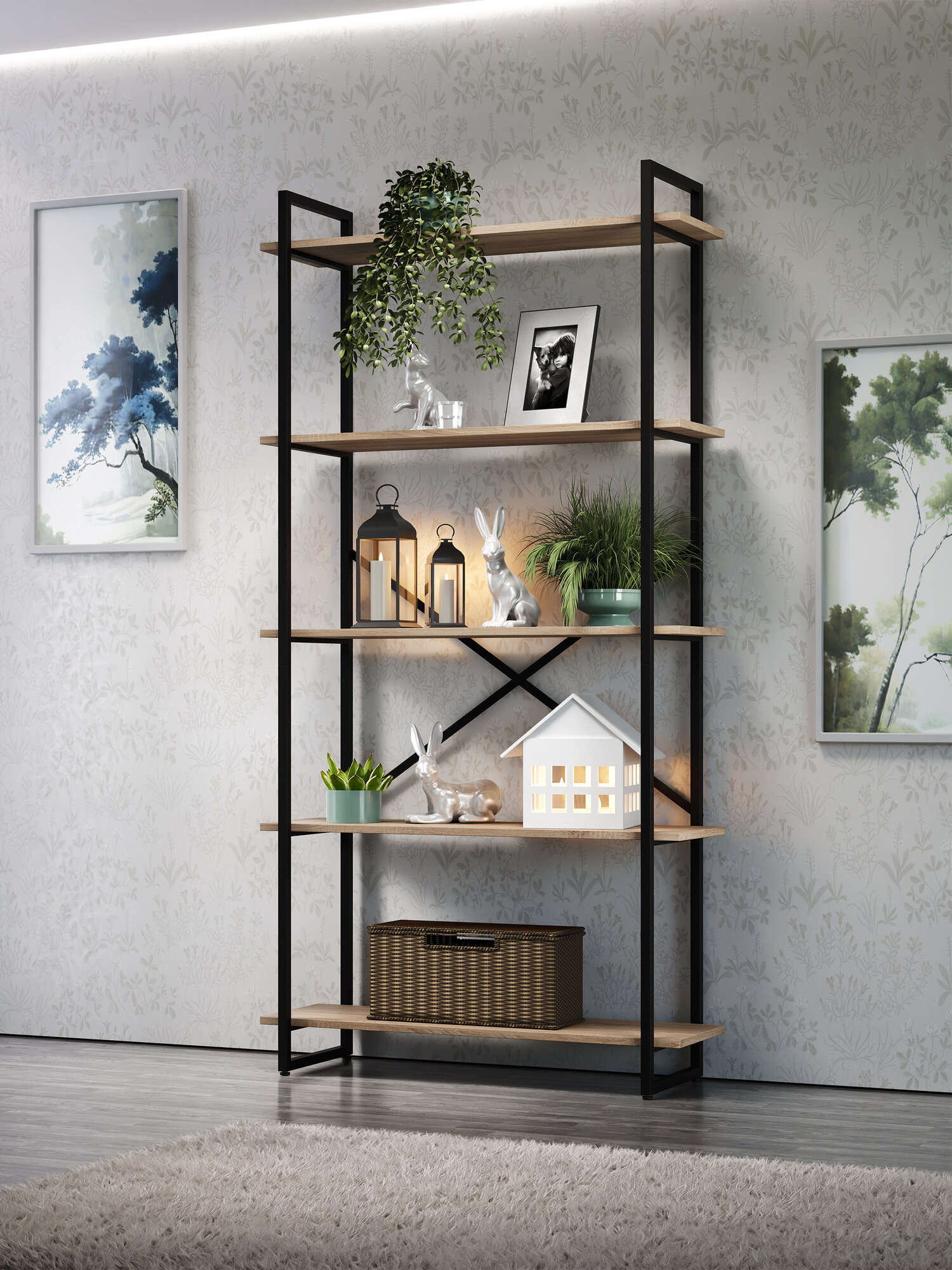 Стеллаж SHARLI-90 лофт 5 полок, дуб сонома, 180 x 90 x 31 см, крепление к стене, нагрузка до 100кг