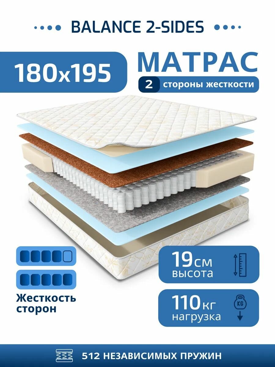 Матрас ортопедический пружинный 180x195 см Balance 2Sides, Независимые пружины, высота 19 см, 1 шт, белый