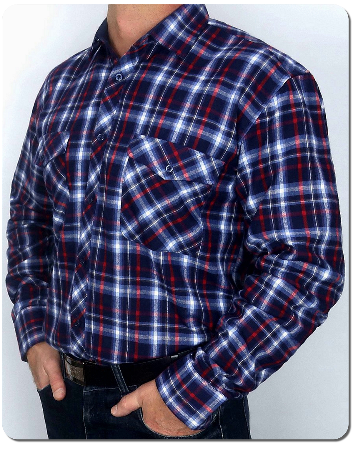 Рубашка Мужская рубашка с длинным рукавом прямая классическая, темная сорочка на пуговицах, рубаха на любой сезон, синяя клетка, с двумя карманами и клапанами, утепленная теплая рубашка