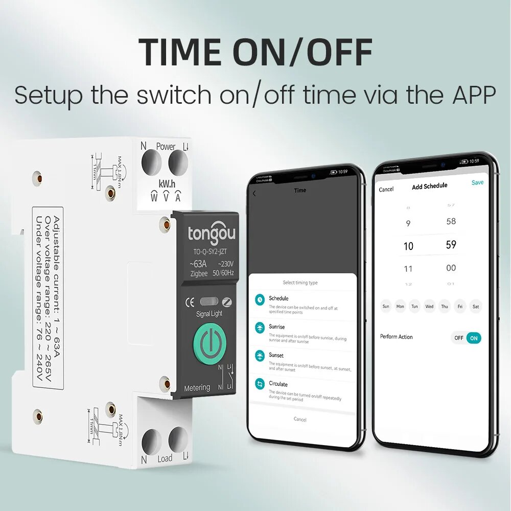 TO-Q-SY2-JZT 1P+N 1-63A Автоматический выключатель Zigbee 240 В переменного тока 3 режима синхронизации Измерение Интеллектуальный переключатель на DIN-рейке Приложение Дистанционное управление