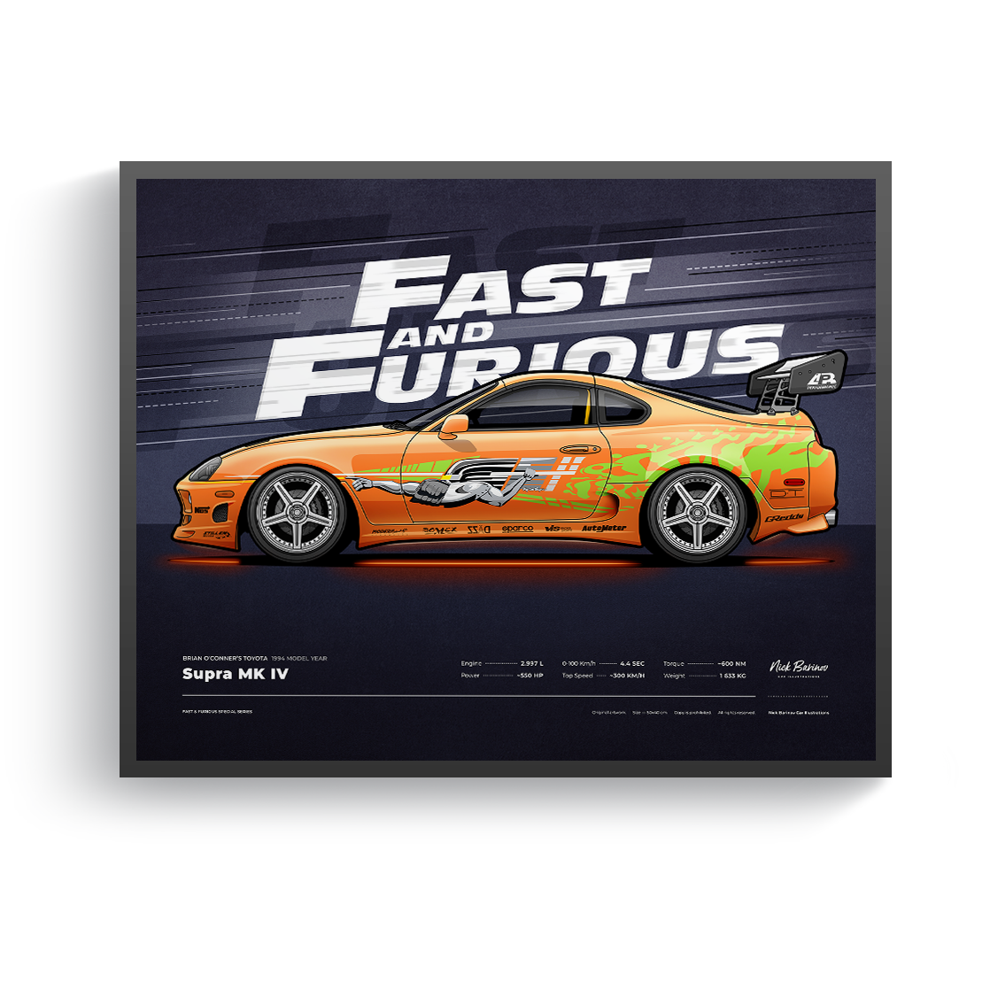 Постер в раме (40х50см) с автомобилем Toyota Supra (A80) из фильма The Fast and the Furious (Форсаж)