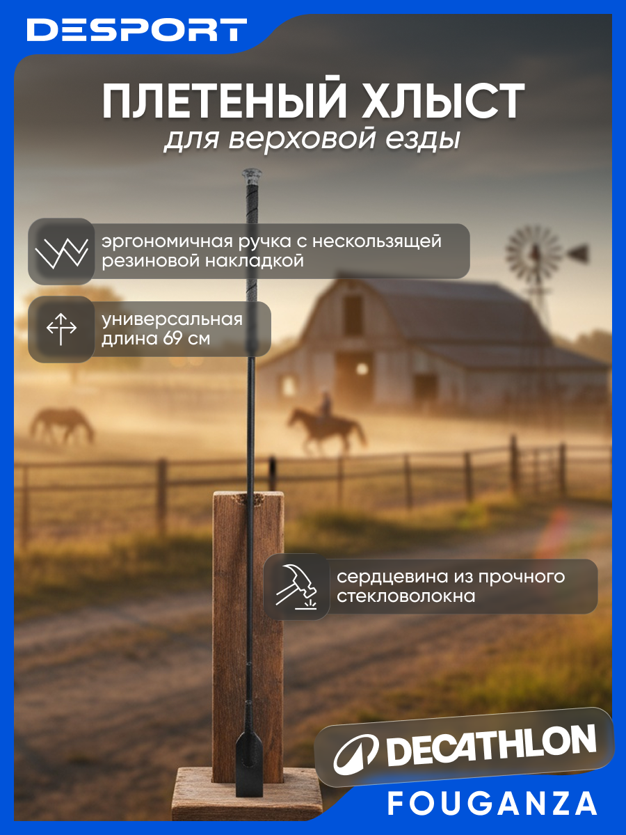 Хлыст плетеный черный с эргономичной рукояткой 69 см Fouganza