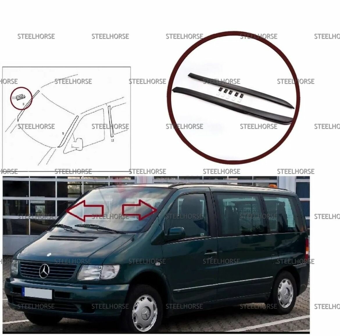 Накладки (молдинги) лобового стекла левый и правый с клипсами 10шт Mercedes Benz Vito (638) 1996-2003г