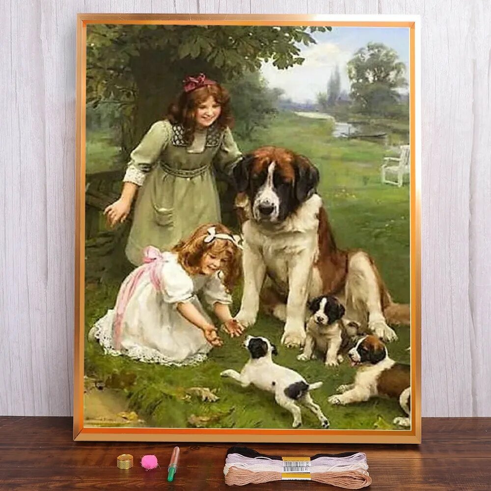 MEIAN Набор для вышивания,30x40CM,14CT, Маленькая девочка и собака