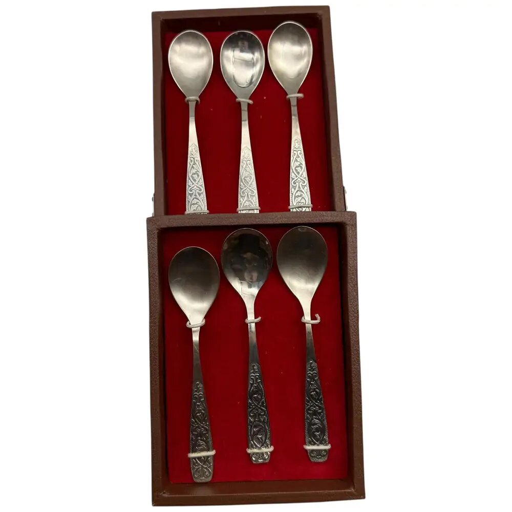 Ложка десертная "Плющ" (набор 6 шт - 17 см, красный), МНЦ, 1983-1991 гг, Режевский мехзавод, СССР