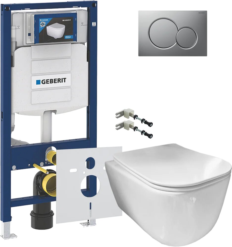 Комплект Унитаз подвесной Ceramicanova New Day CN3005 с микролифтом, безободковый / Крепления Geberit к стене / Инсталляция UP 320 111.300.00.5, Кнопка Sigma лакированная, матовый хром, Шумоизоляция
